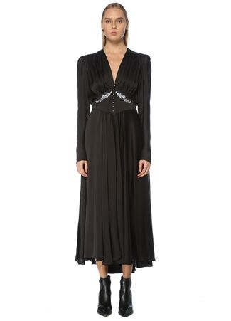 Paco Rabanne Kadın Siyah V Yaka Beli İşlemeli Midi Kokteyl Elbise 38 IT