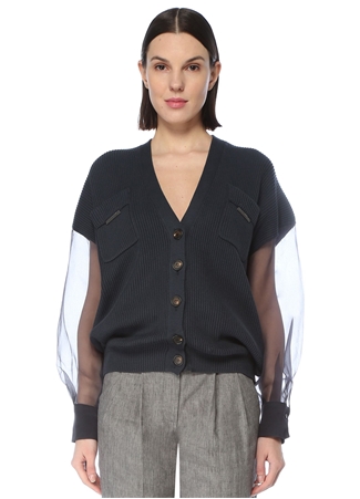 Brunello Cucinelli Kadın Lacivert V Yaka Kolu Tül Garnili Hırka M EU