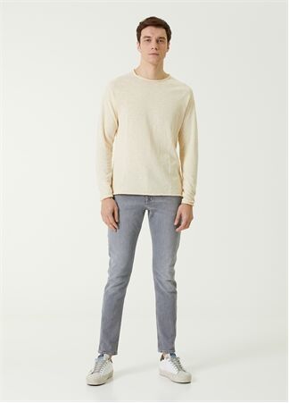 American Vintage Erkek Krem Bisiklet Yaka Uzun Kol T-shirt Gri M EU