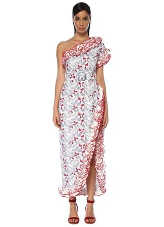 Gül Hürgel Kadın Kırmızı Mavi Çiçekli Asimetrik Midi Keten Elbise M EU