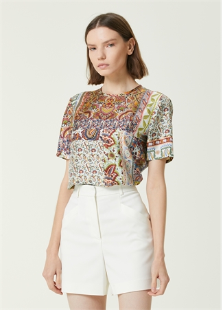 Etro Kadın Bisiklet Yaka Desenli Kısa Kol İpek Bluz Mavi 40 IT