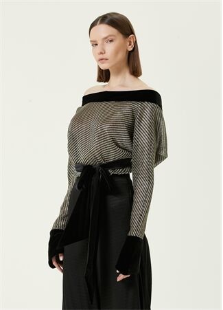 Tuvanam Kadın Siyah Gold Düşük Omuzlu Kadife Abiye Bluz 38 EU