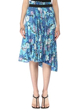Balenciaga Kadın Mavi Çiçekli Asimetrik Pilili Midi Etek 34 FR