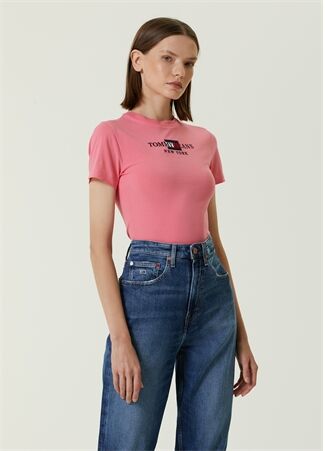 Tommy Jeans Kadın Pembe Logo Baskılı Organik Pamuk Çıtçıtlı T-shirt L EU