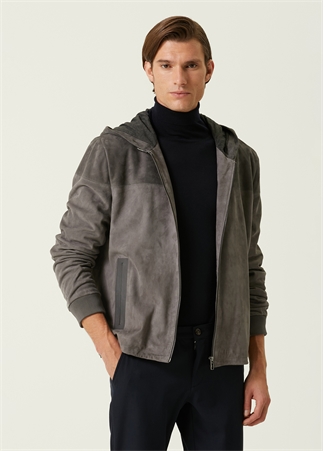 Network Erkek Slim Fit Gri Kapüşonlu Deri Mont XL EU