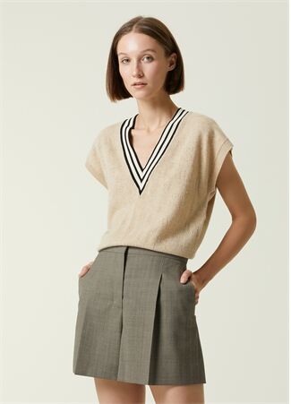 Sandro Kadın Bej V Yaka Şeritli Kolsuz Yün Triko 0 US