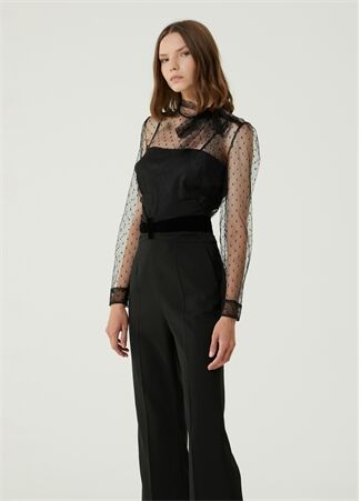 Red Valentino Kadın Siyah Dik Yaka Puantiyeli Tül Bluz 38 IT