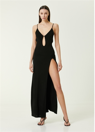 Zeynep Arçay Kadın Siyah Dekolte Detaylı Maksi Jersey Elbise 36 EU