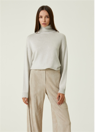 Brunello Cucinelli Kadın Krem Balıkçı Yaka İşlemeli Kaşmir Kazak Bej M EU