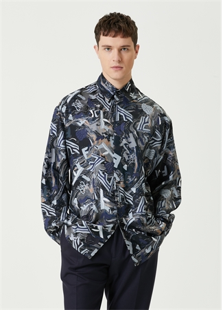 Fendi Erkek Oversize Mavi Siyah Desenli İpek Gömlek 39 EU