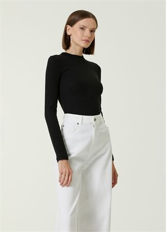 Academia Kadın Siyah Bisiklet Yaka Ribli Uzun Kol T-shirt XS