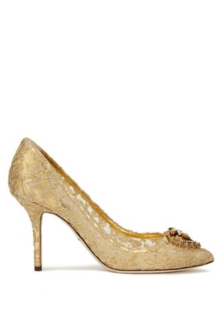 Dolce&gabbana Kadın Gold Taşlı Tokalı Dantelli Stiletto Altın Rengi 36.5 Eu