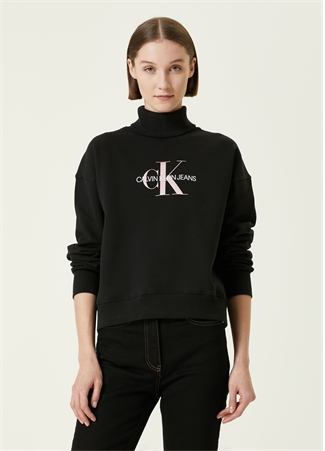 CK Jeans Kadın Siyah Balıkçı Yaka Logolu Sweatshirt S EU