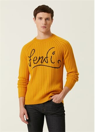 Fendi Erkek Sarı Logo Jakarlı Yün Kazak 50 IT