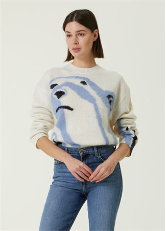 Kenzo Kadın Ekru Bisiklet Yaka Jakarlı Yün Kazak Beyaz S EU