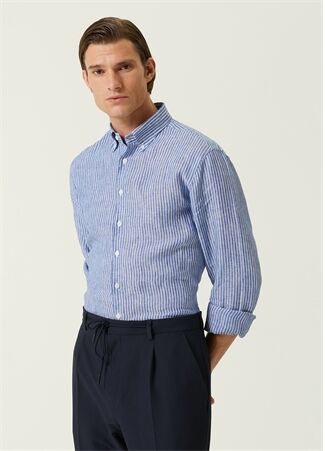 Network Erkek Comfort Fit Mavi Çizgili Keten Gömlek 42 EU Network Erkek Comfort Fit Mavi Çizgili Keten Gömlek 42 EU