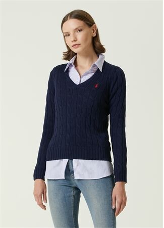 Polo Ralph Lauren Kadın Lacivert V Yaka Saç Örgü Kazak L EU