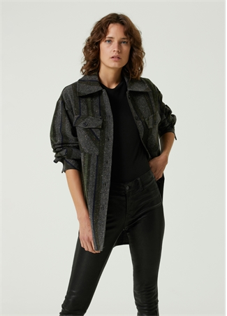 Beymen Club Kadın Gri Yeşil Çizgi Desenli Dış Gömlek S EU