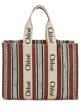 Chloe Kadın Kahverengi Krem Çizgili Keten Omuz Çantası EU