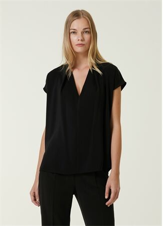 Beymen Collection Kadın Siyah V Yaka Kısa Kol Krep Bluz 42