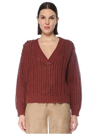Brunello Cucinelli Kadın Bordo V Yaka Örgü Kazak L EU