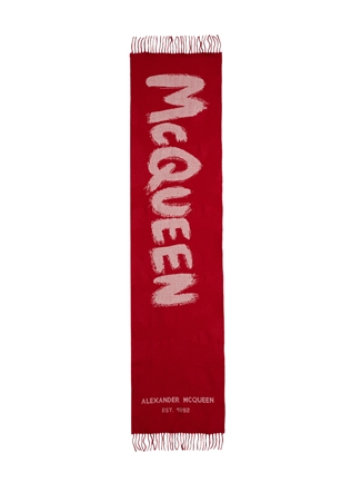 Alexander McQueen Kadın Kırmızı Logo Jakarlı Yün Atkı EU Alexander McQueen Kadın Kırmızı Logo Jakarlı Yün Atkı EU