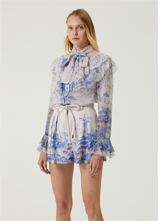 Zimmermann Kadın Beyaz Mavi Yakası Fularlı Çiçekli Gömlek US