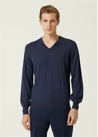 Brunello Cucinelli Erkek Lacivert V Yaka Yün Triko 54 IT