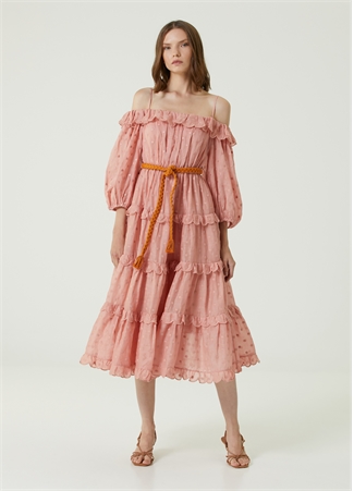 Zimmermann Kadın Mae Pembe Puantiyeli Düşük Omuzlu Midi Elbise 3 US