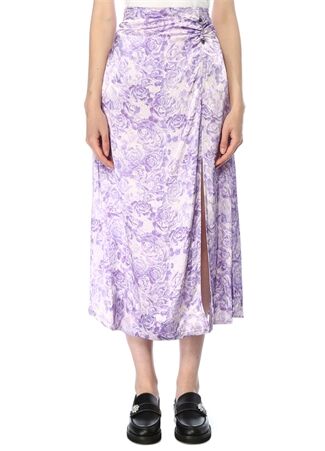 Ganni Kadın Lila Yüksek Bel Çiçekli Midi Saten Etek Mor 36 FR