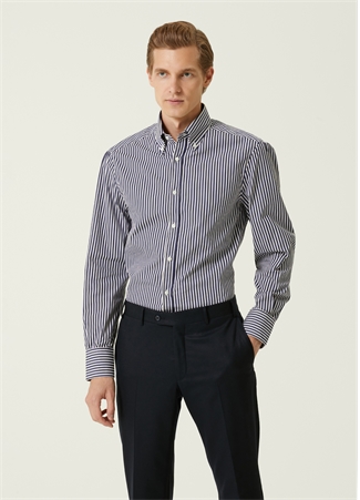 Brunello Cucinelli Erkek Lacivert Beyaz Çizgi Desenli Gömlek XL EU
