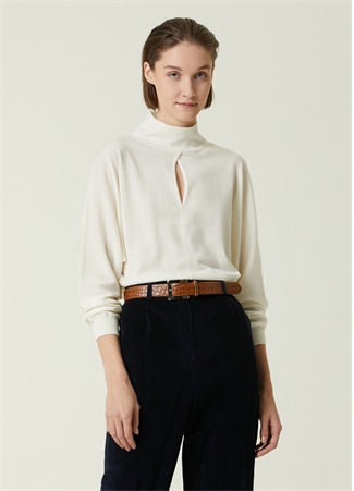 Beymen Collection Kadın Ekru Yırtmaç Detaylı Yün Kazak Beyaz L