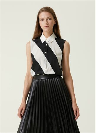 Beymen Club Kadın Siyah Beyaz Çizgili Kolsuz İpek Gömlek XS