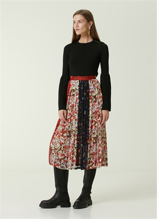 Beymen Club Kadın Kırmızı Siyah Bloklu Çiçekli Midi Etek 34