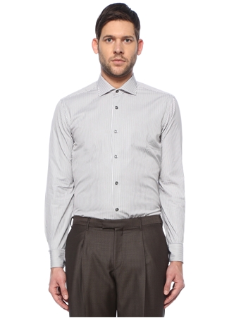 Pal Zileri Erkek Gri İngiliz Yaka Çizgili Gömlek 40 IT