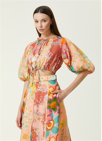 Zimmermann Kadın Colorblock Çiçekli Crop Keten Bluz US