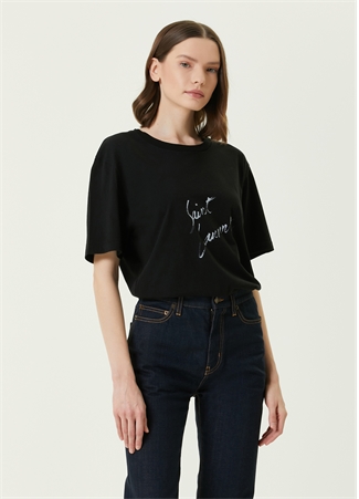 Kadın Siyah Bisiklet Yaka Logolu T-shirt S EU