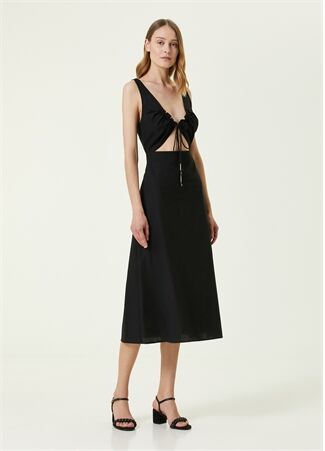 Academia Kadın Siyah Büzgü Detaylı Midi Elbise 42 EU