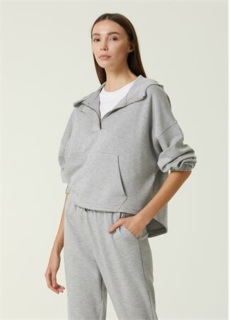 John Frank Kadın Gri Kapüşonlu Fermuarlı Sweatshirt M/L EU