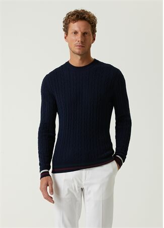 Canali Erkek Lacivert Şeritli Saç Örgü Yün Kazak 54 IT