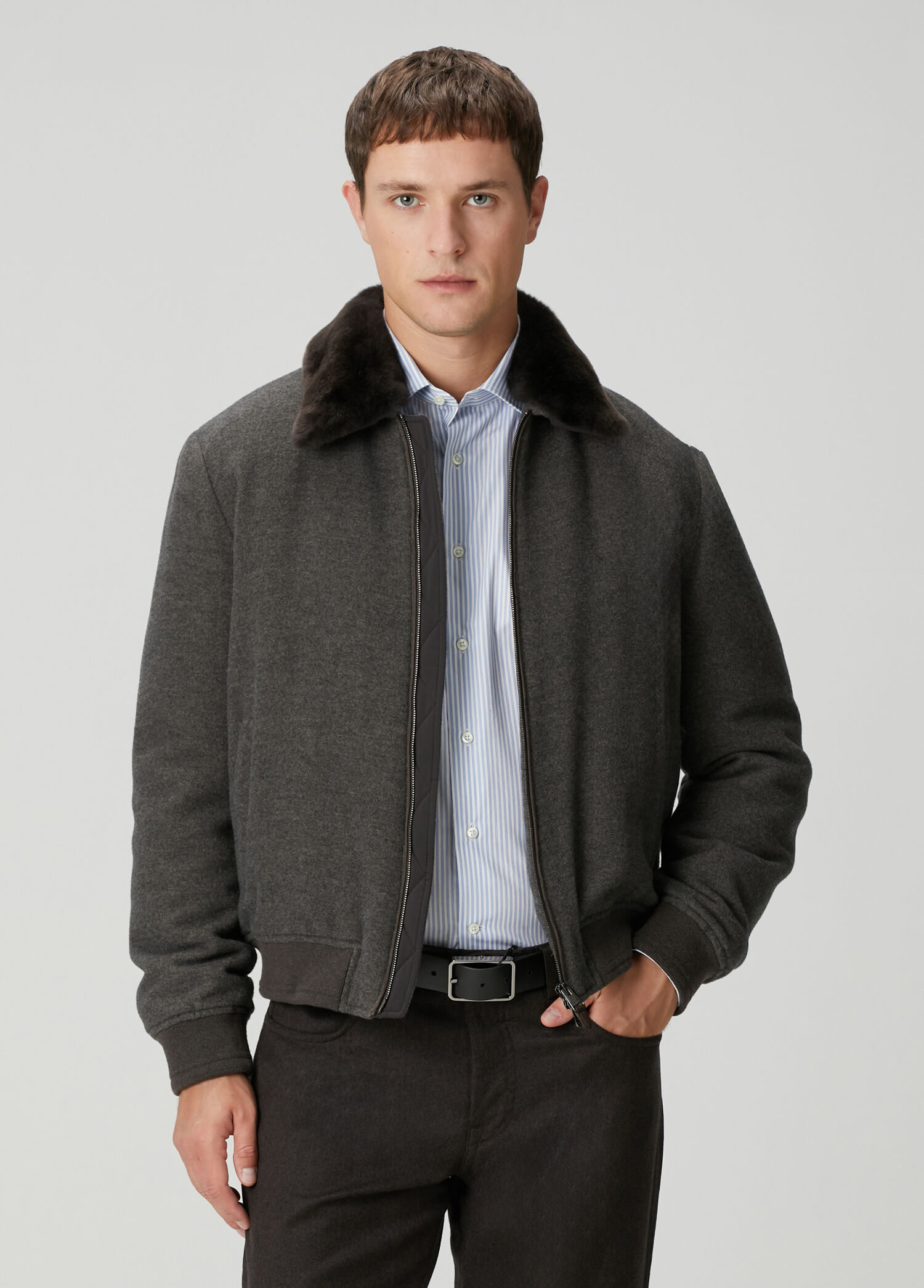 Canali - Koyu Gri Yakası Shearling Detaylı Yün Mont - Koyu Gri