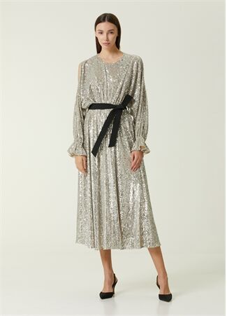 In the Mood for Love Kadın Chepillo Silver İşlemeli Midi Kokteyl Elbise Bej S EU
