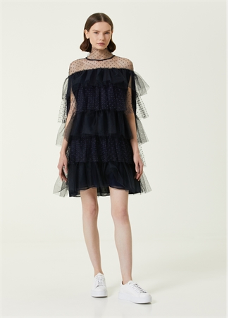 Red Valentino Kadın Lacivert Puantiyeli Mini Tül Elbise Siyah 40 IT