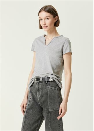 Zadig&Voltaire Kadın Henley Gri V Yaka Baskılı T-shirt XS EU