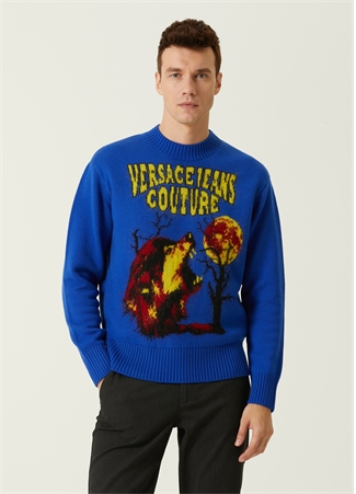 Versace Jeans Couture Erkek Saks Jakarlı Yün Kazak Mavi S EU Versace Jeans Couture Erkek Saks Jakarlı Yün Kazak Mavi S EU