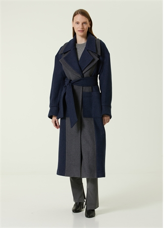 Mybestfriends Kadın Gail Lacivert Gri Beli Kuşaklı Palto S EU
