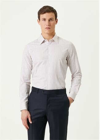 Pal Zileri Erkek Beyaz Çizgi Desenli Gömlek Bordo 39 IT