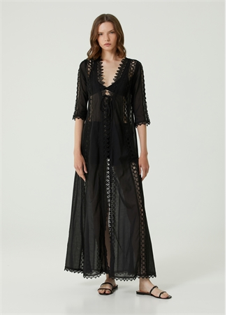 Charo Ruiz Kadın Siyah Dantel Garnili Maksi Plaj Elbisesi S EU