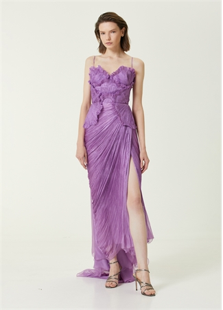 Maria Lucia Hohan Kadın Ellery Mor Fırfırlı Drapeli Midi İpek Abiye Elbise 36 FR