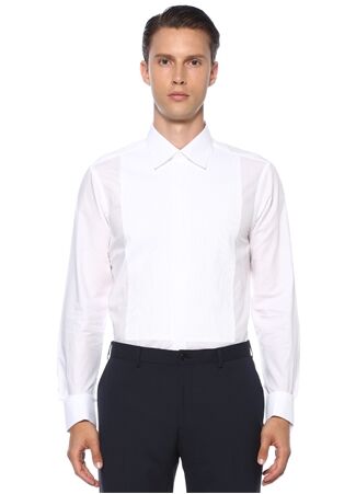 Pal Zileri Erkek Beyaz Yarı İtalyan Yaka Nervürlü Gömlek 40 IT